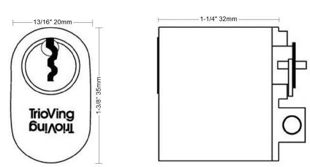 Key cylinder for use with Trioving 5312, 5316, 5320, 5341 & 5382 lock cases